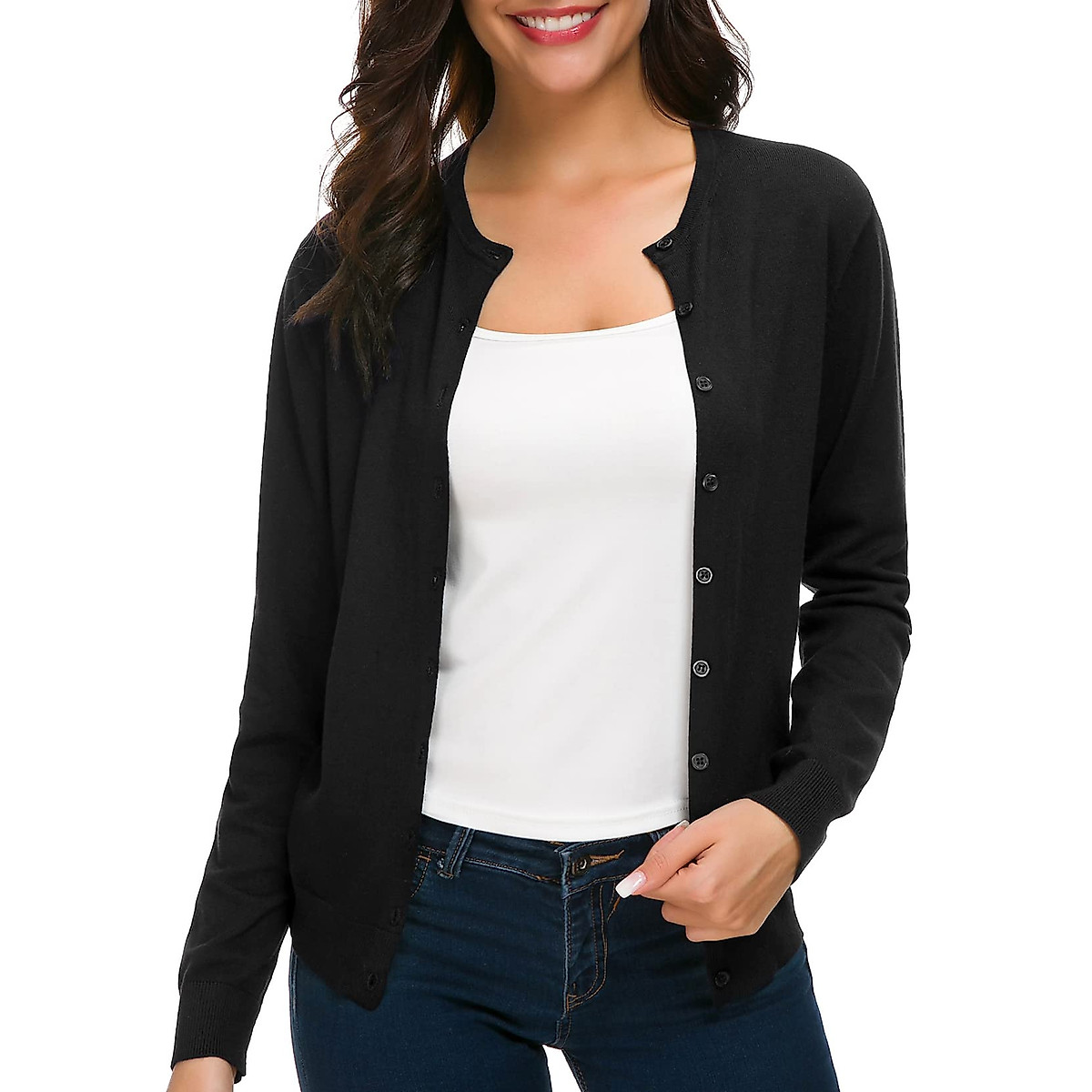 Urban CoCo Women's Long Sleeve Crew Neck Button Down Knit Cardigan Sweater (S, Black)