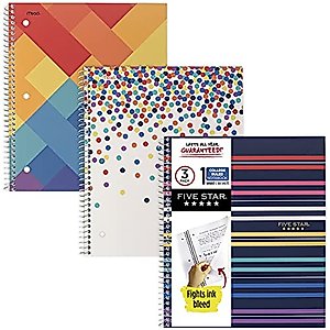 Five Star Spiral Notebooks, 1 Subject, College Ruled, 11" x 8-1/2", Cute Designs Bright Colors, 3 Pack (51180)