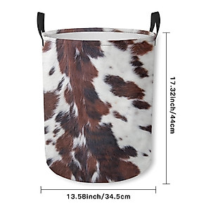 Storage Basket,Longhorn white cowhide with black and brown spots,Collapsible Large Laundry Hamper with Handles for Home Office 17.32"X13.58"