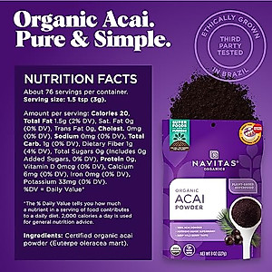 Navitas Organics Acai Powder, 8 oz Bag, 76 Servings — Organic, Non-GMO, Freeze-Dried, Gluten-Free