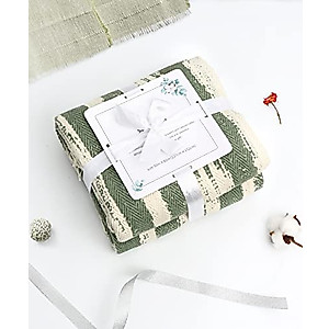 Godimerhea Green Throw Blanket Cotton White Boho Striped Decorative Blankets for Couch Sofa Bed, Soft Cozy Knit with Tassel, Rustic Shabby Chic, 50" x 60"