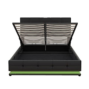 QVUUOU Full Size Tufted PU Upholstered Platform Bed, Bedroom Furniture Bed Frame with Hydraulic Storage System, LED Lights and USB Charger, for Kids & Teens (Black Upholstered Platform Bed)