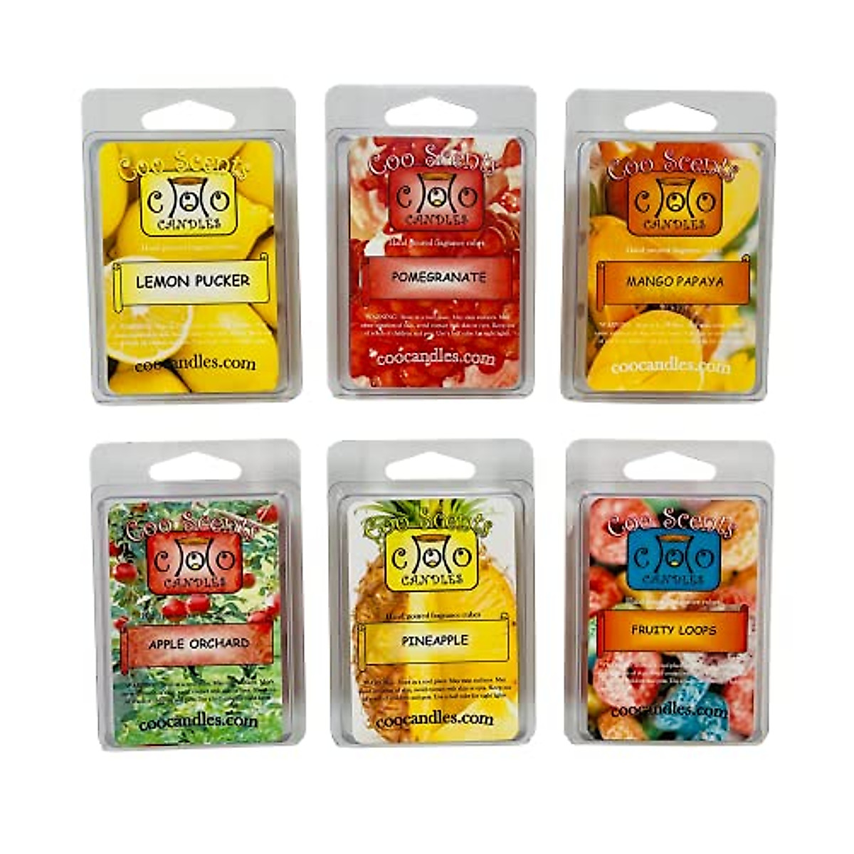 6 Pack Soy Blend Wickless Candle Wax Bar Tart Melts - Fruity Pack - Includes one 6 Cube Package of Each of Fruity Loops, Lemon Pucker, Mango Papaya, Pomegranate, Pineapple, and Apple Orchard