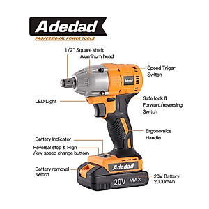 Adedad 20V Brushless 1/2 inch Cordless Impact Wrench with Battery, Fast Charger, LED Light - 240 ft-lbs Torque 3000 RPM