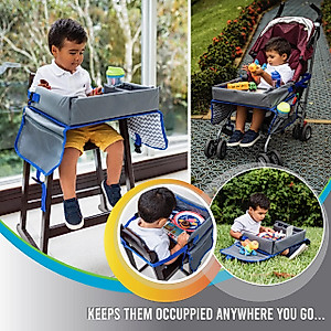 Kids Travel Tray - Car Seat Tray - Travel Lap Desk Accessory for Your Child's Rides and Flights - it's a Collapsible Organizer that Keeps Children Entertained Holding Their Toys (Blue)