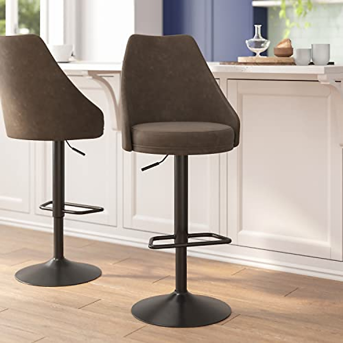 Flash Furniture Chrishelle Set of 2 Commercial Adjustable Height Bar Stools - Brown LeatherSoft Tufted Upholstery - Pedestal Base - Integrated Footring