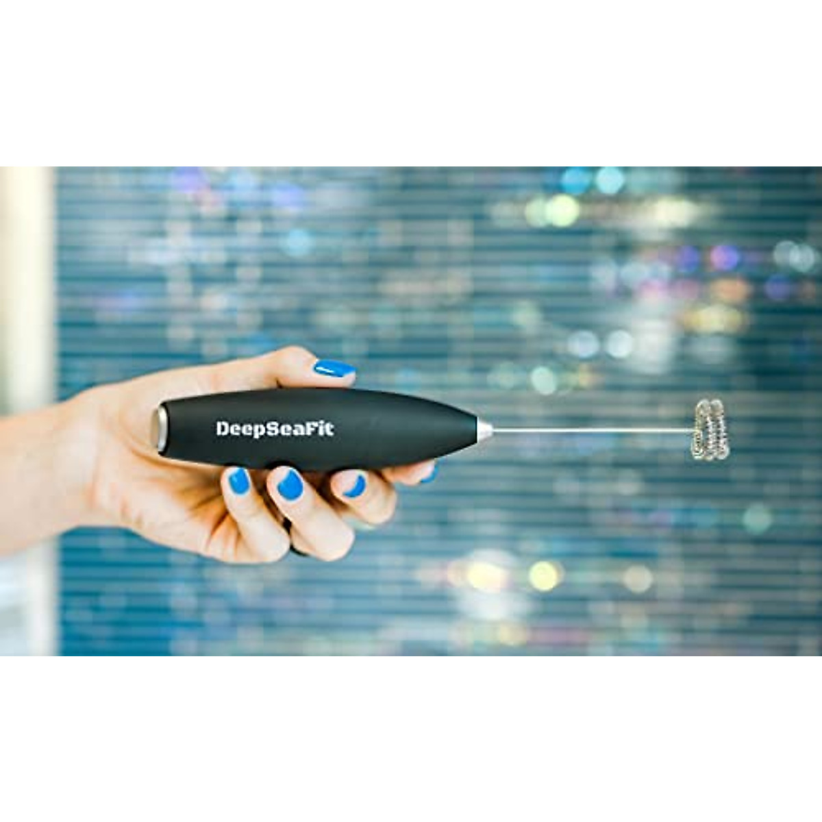 DeepSeaFit Hand Blender & Mixer for Pre-Workout, Protein, Formula, Powder Supplements, Coffee Art, Mixer Stick, Hand Mixer Electric, Milk Frother Batteries Included, Veteran Owned & Operated (Black)