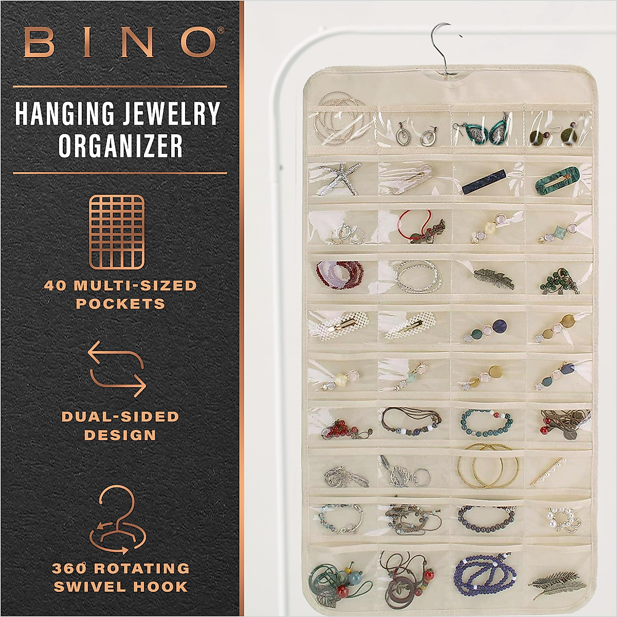 BINO Double Sided Hanging Jewelry Organizer - Beige | Necklace Bracelets & Earrings Storage | Portable Closet Organizer | Over-Door Accessories Holder with Pockets | Wardrobe Cabinet Jewelry Hanger