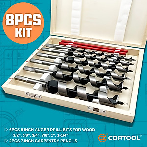 Auger Drill Bit for Wood 9 Inch with 7 Inch Carpentry Pencils (8-Piece Auger Bits Set)