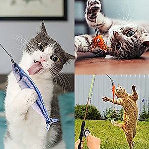 9 PCS Cat Fishing Pole Toy, Retractable Cat Feather Toys with Cat Wand Plush Fish Worm Feathers with Bells Catnip Interactive Cat Teaser Toys for Kitten Cat