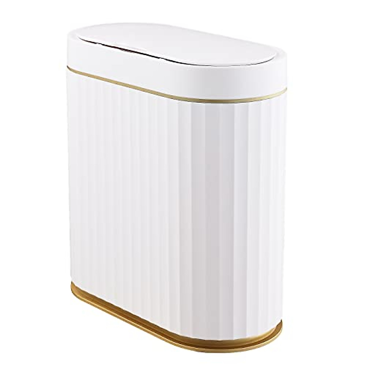 Motion Sensor Trash Can - ELPHECO 2.5 Gallon Waterproof Motion Sensor Trash Can, Bathroom Trash Can, Garbage Bin for Kitchen and Office Use, White with Golden Trim