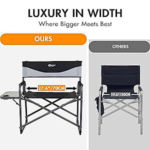 PORTAL 27.6 Inch Extra Wide Directors Foldable XXL Folding Chair with Side Table for Outdoors and Indoors, Heavy Duty Supports 600 LBS, Black/Grey