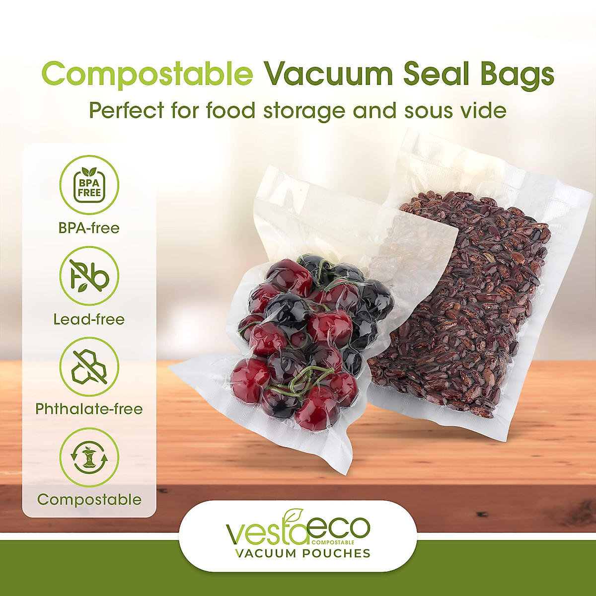 VestaEco Chamber Machine Vacuum Pouches - Certified Commercially Compostable - Flat and Clear Vacuum Sealer Bags - Great for Food Storage and Sous Vide - 8 x 12 inches - 50 Vacuum Seal Bags Per Box