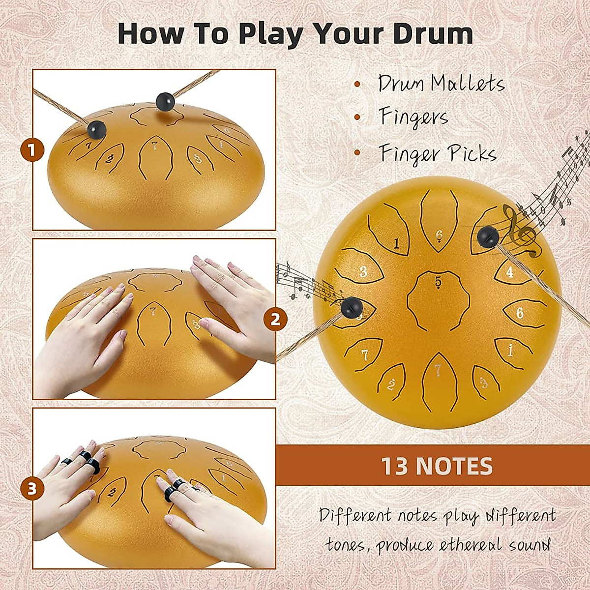 Steel Tongue Drum Instrument, Hantop 12 Inches 13 Notes Percussion Instrument Kit Tank Drum C Key with Accessory Box, Bag, Music Book and Mallets for Meditation Musical Education Mind Healing Yoga