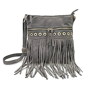 HOXIS Studded Tassel Zipper Pocket Faux Suede Leather Cross Body Bag Womens Purse (Gray)