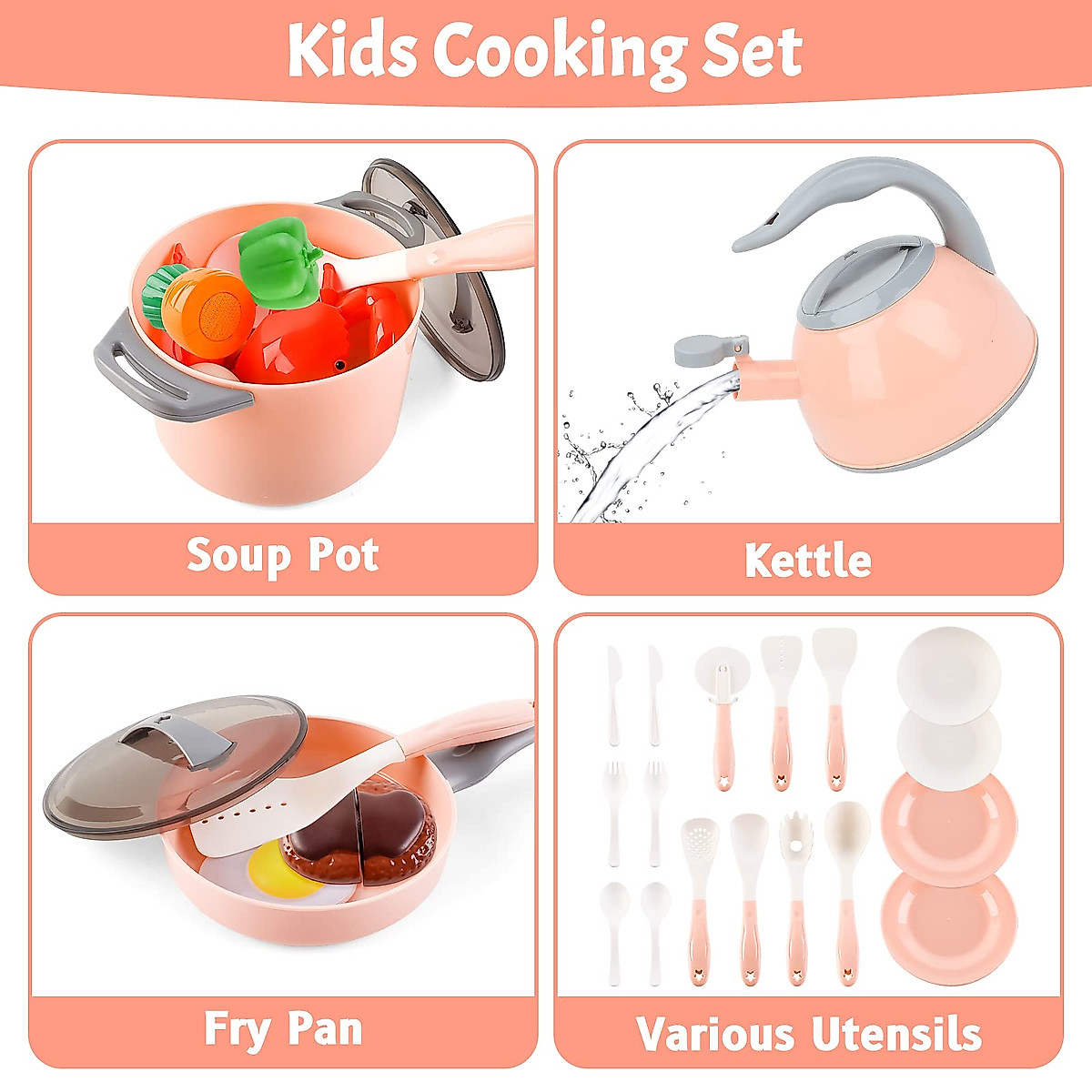 deAO Kids Play Kitchen Accessories with Pots and Pans,Cutting Food Toy,Cookware Utensils,63 PCS Play Food Set-- Kids Kitchen Accessories for Girls Boys Kids