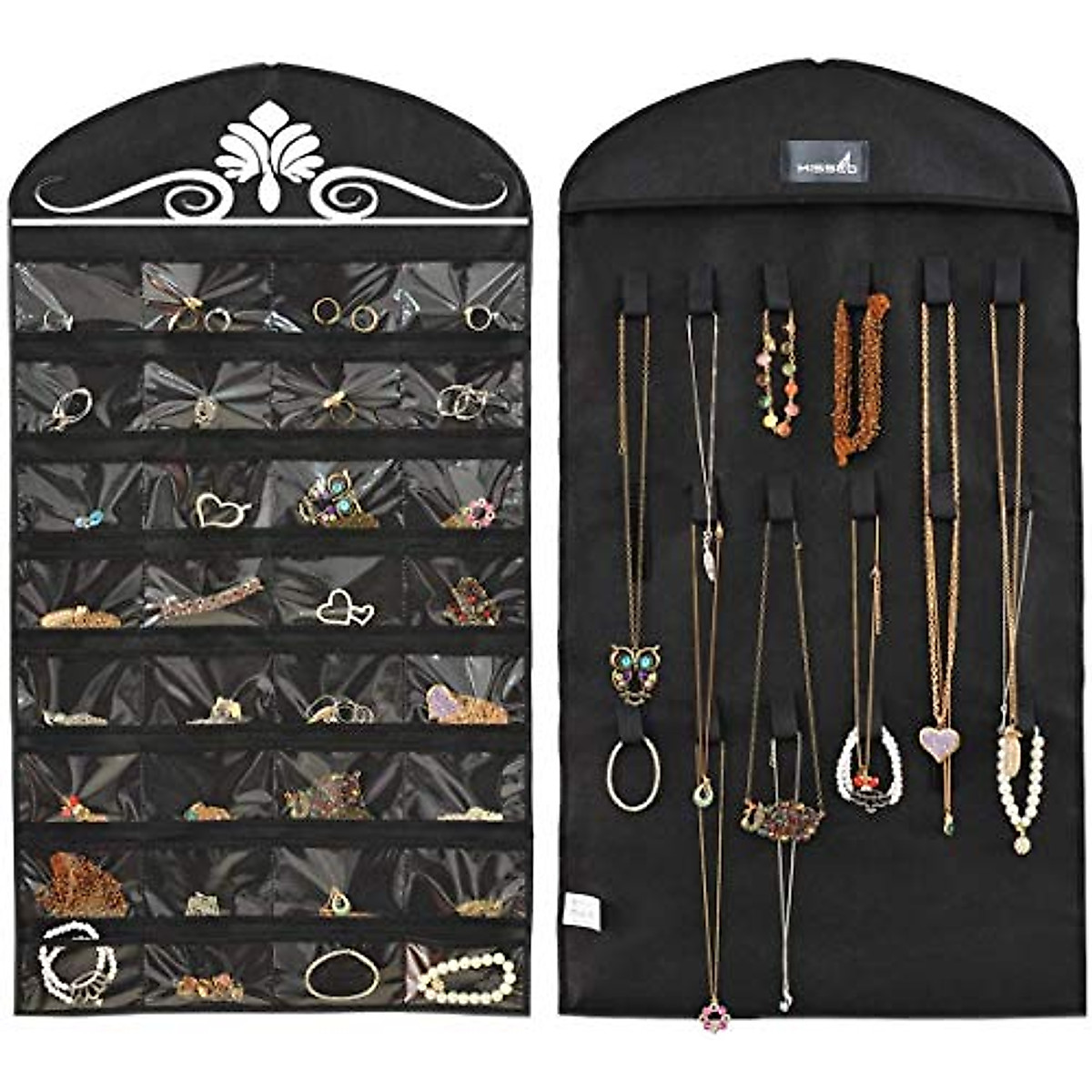 Misslo Jewelry Hanging Non-Woven Organizer Holder 32 Pockets 18 Hook and Loops - Black