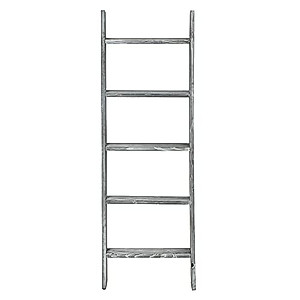 ExoLiry Rustic Stone Gray Wood Wall Leaning Ladder Wooden Display Rack 4.5 Feet Blanket Quilt Scarf Towel Laundry Decor 5 Rungs Farmhouse Country Style Home Bathroom Kitchen Bedroom Living Room