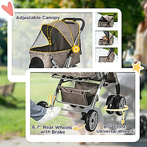 PawHut Dog Stroller for Small Dogs Cats, 4 Wheels One-Click Fold Pet Stroller with Swivel Wheels, Brake, Basket Storage, Safety Belts, Adjustable Canopy, Zippered Mesh Window Door, Brown