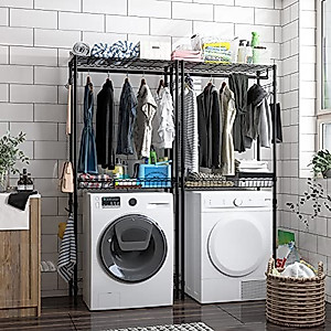 Xiofio Over The Washer and Dryer Storage Shelf 2 Tier Adjustable Height Wire Basket and Side Hook Laundry Shelves Used for Bathroom Bedroom Balcony Drying Rack Towel Rack Handbag Rack ，Black