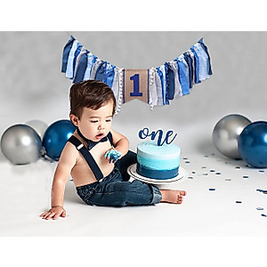 High Chair Banner Boy - First Birthday Decorations For Boy 1st Birthday Banner Highchair Party Supplies Photo Booth Props(Blue White)