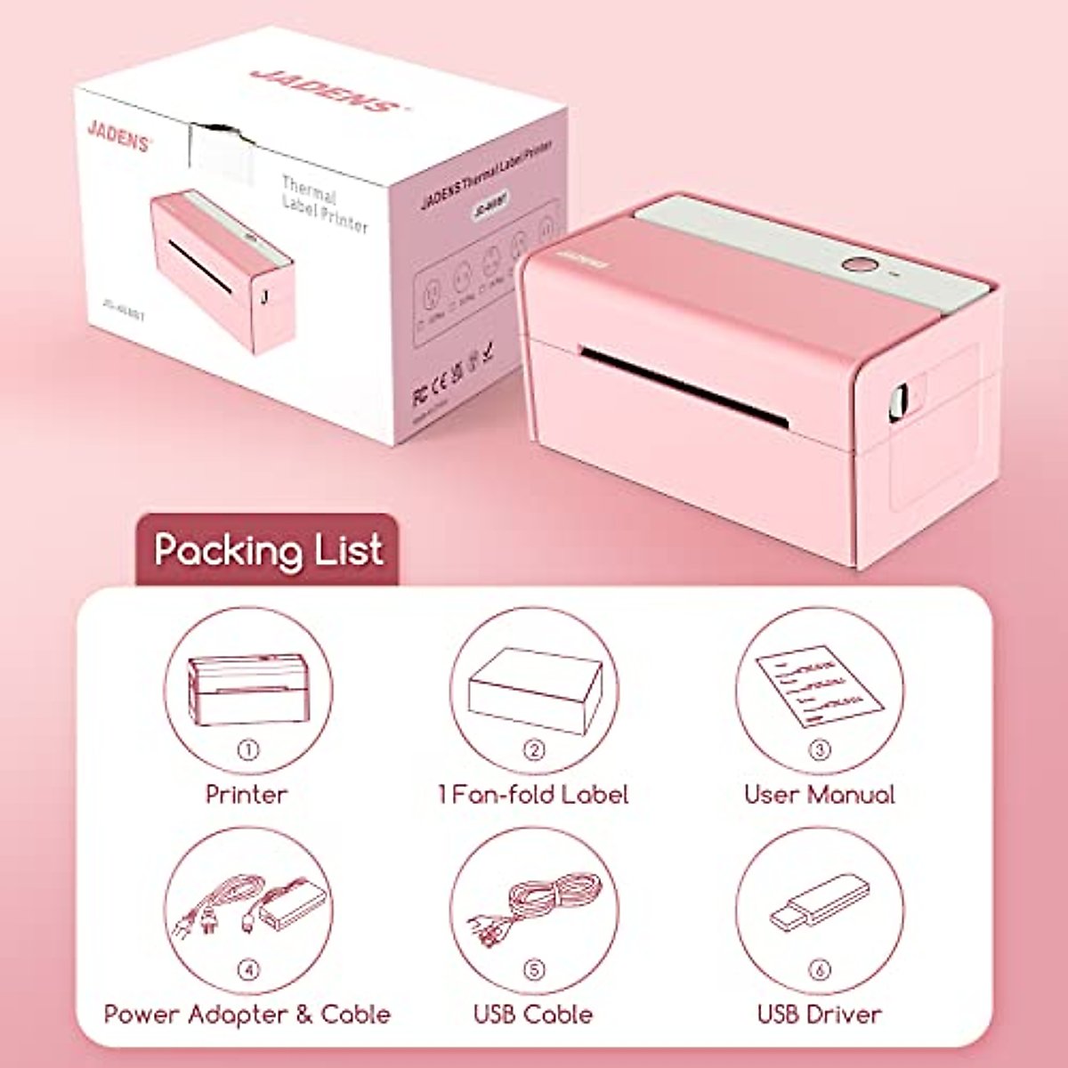 JADENS Bluetooth Thermal Label Printer -Wireless Shipping Label Printer for Ebay, USPS, Etsy & Amazon, Compatible with iPhone, Android & Windows (Mac Not Support Bluetooth), 4x6 Label Maker, Pink