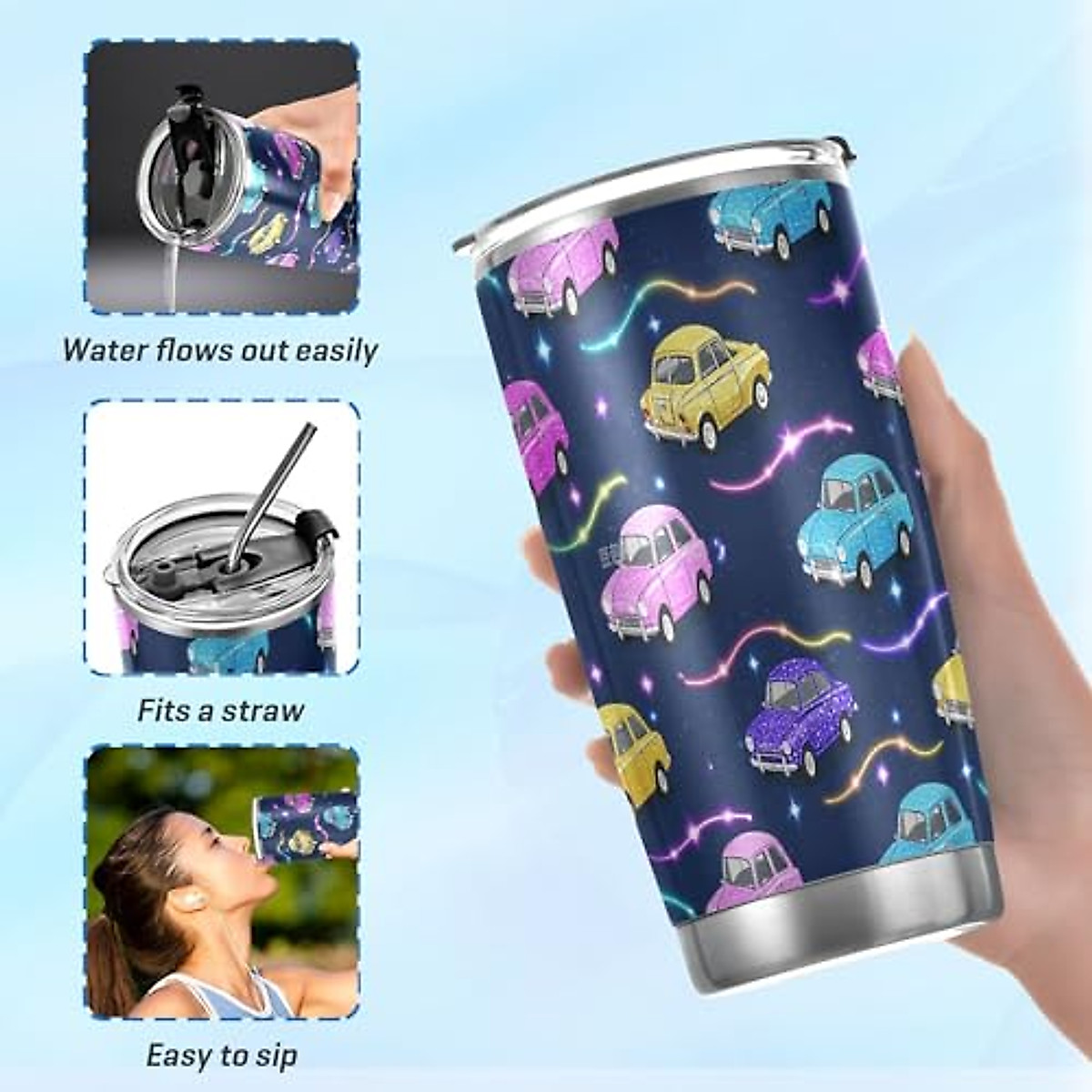 HXshaoye Fake Glitter cartoon car navy blue Stainless Steel cups with lids reusable with Lid and Straw Camping Mug for hot and cold drinks flip straw tumbler botella de agua para gym