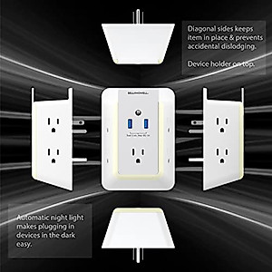 Bell+Howell Wall Power 7908 Surge Protector with Night Light (Automatic) and Device Holder, 5 Outlets 2 USB Ports Electrical Extender, White, 5.5" As Seen On TV