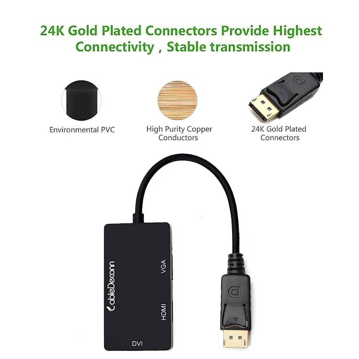 CableDeconn Multi-Function Displayport Dp to HDMI/DVI/VGA Male to Female 3-in-1 Adapter Converter Cable