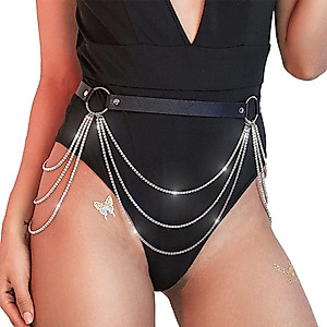 Bodiy Crystal Waist Belt Chain Metal Layered Belly Chains Sparkly Rave Accessories Rhinestones Leather Waist Body Chain Jewelry for Women and Girls (Black-03)