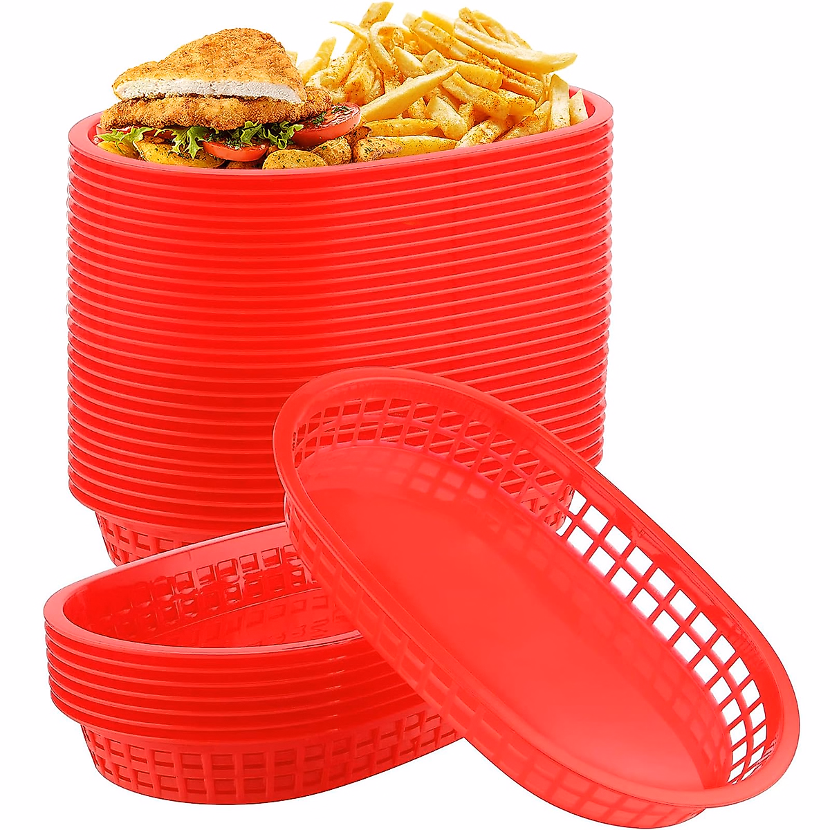 NDSWKR 40 Pack Fast Food Serving Baskets, 10.6 x 7 Inch Plastic Oval Food Baskets, Reusable Deli Baskets for Burgers, Sandwiches, Barbecues, Hot Dog, Chip, BBQ, Picnic, Party (Red)