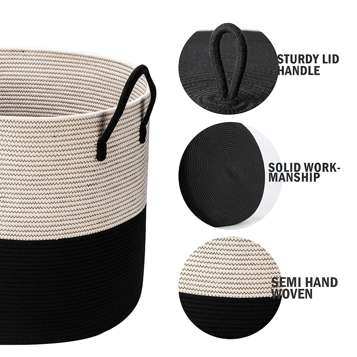 Echueuey 115L Extra Large storage basket with lid, blanket basket with lid for living room,extra large laundry basket,large round basket with lid,wicker basket with lid,Black 21" x 21" x 18"