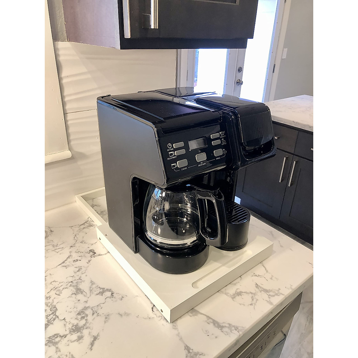 Kitchen Wooden Countertop Caddy Slider Tray | Solid Wood Tray and Frame | Smooth Rolling Wheels | 13" X 13" | Useful for Coffee Maker/Stand Mixer/Blender (Swiss Coffee White)