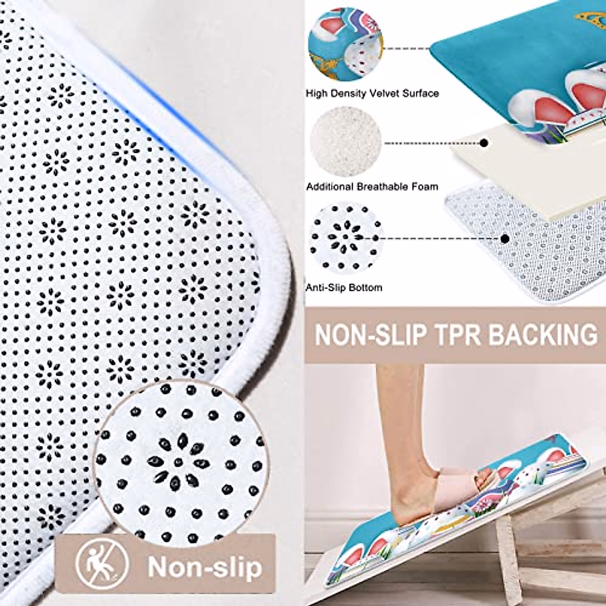 ArtSocket Easter 4 Pcs Shower Curtain Set Easter Blue Cartoon Bunny with Non-Slip Rugs Toilet Lid Cover and Bath Mat Bathroom Decor Set 72" x 72"