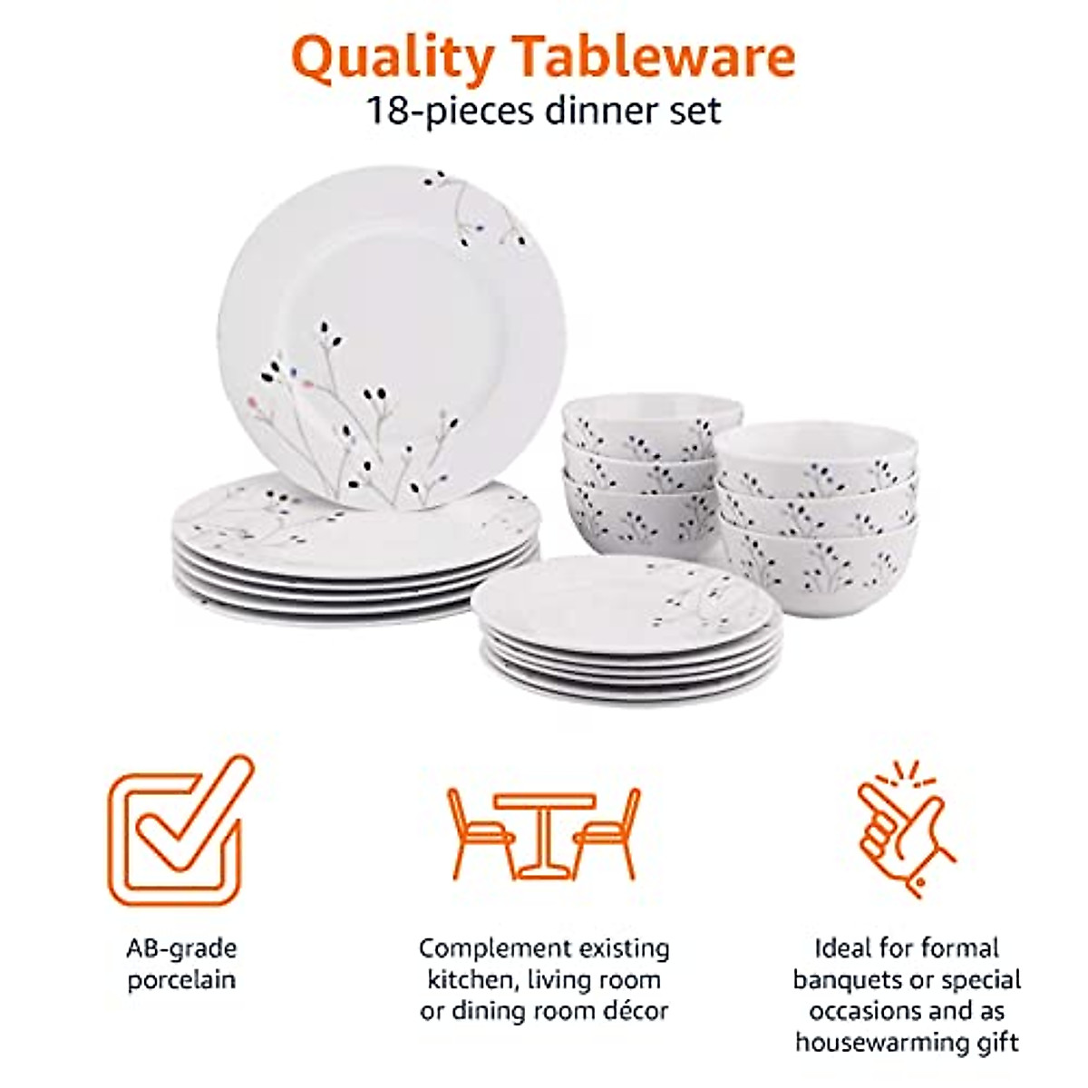 Amazon Basics 18-Piece Kitchen Dinnerware Set, Plates, Dishes, Bowls, Service for 6, Branches