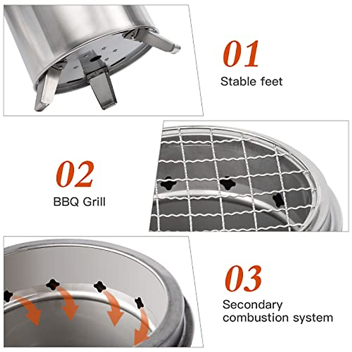 Portable Smokeless Fire Pit with Foldable Legs and Grill, Stainless Steel Outdoor Firepit Wood Burning Bonfire Pit with Carry Bag Safe for Campfire, Cooking, BBQ on Patio Deck Backyard and Beach