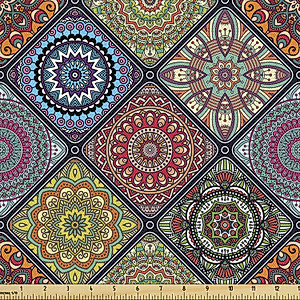 Ambesonne Mandala Fabric by The Yard, Checkered Rectangles Pattern Various Oriental Inspired Motifs Culture, Decorative Fabric for Upholstery and Home Accents, 1 Yard, Beige