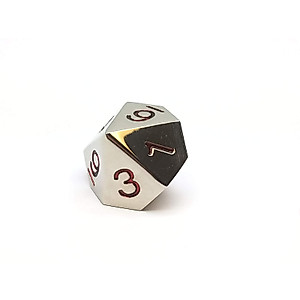 Koplow Games Single D10 20mm Numbered 0 to 9 Metal Die - Silver with Red Numbers