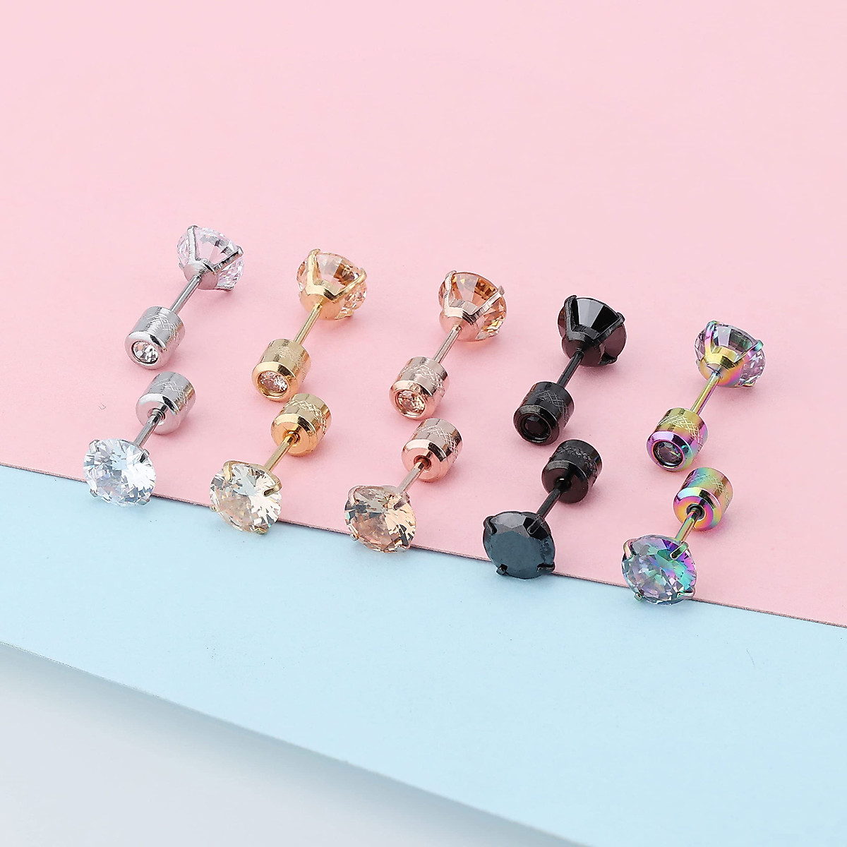 5 Pair Titanium Screw Surgical Stainless Steel Stud Earrings Set, Iridescent 3A Cubic Zirconia Studs Reversible Earrings Perforated Reclining Hypoallergenic Earrings Jewelry 6mm (5 pairs iridescent).