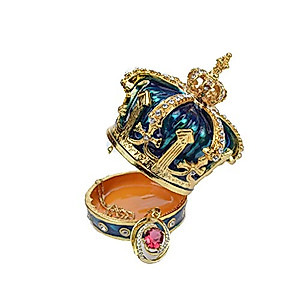 QIFU Hand Painted Enameled Blue Crown Style Decorative Hinged Jewelry Trinket Box Unique Gift or Home Decor