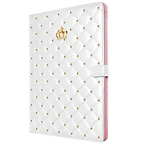 Topwin Cute Crown Case for iPad Pro 12.9-inch (6th & 5th Gen), Bling Diamond PU Leather Smart Auto Sleep/Wake Kickstand Shockproof Flip Case for 12.9 Pro (White)