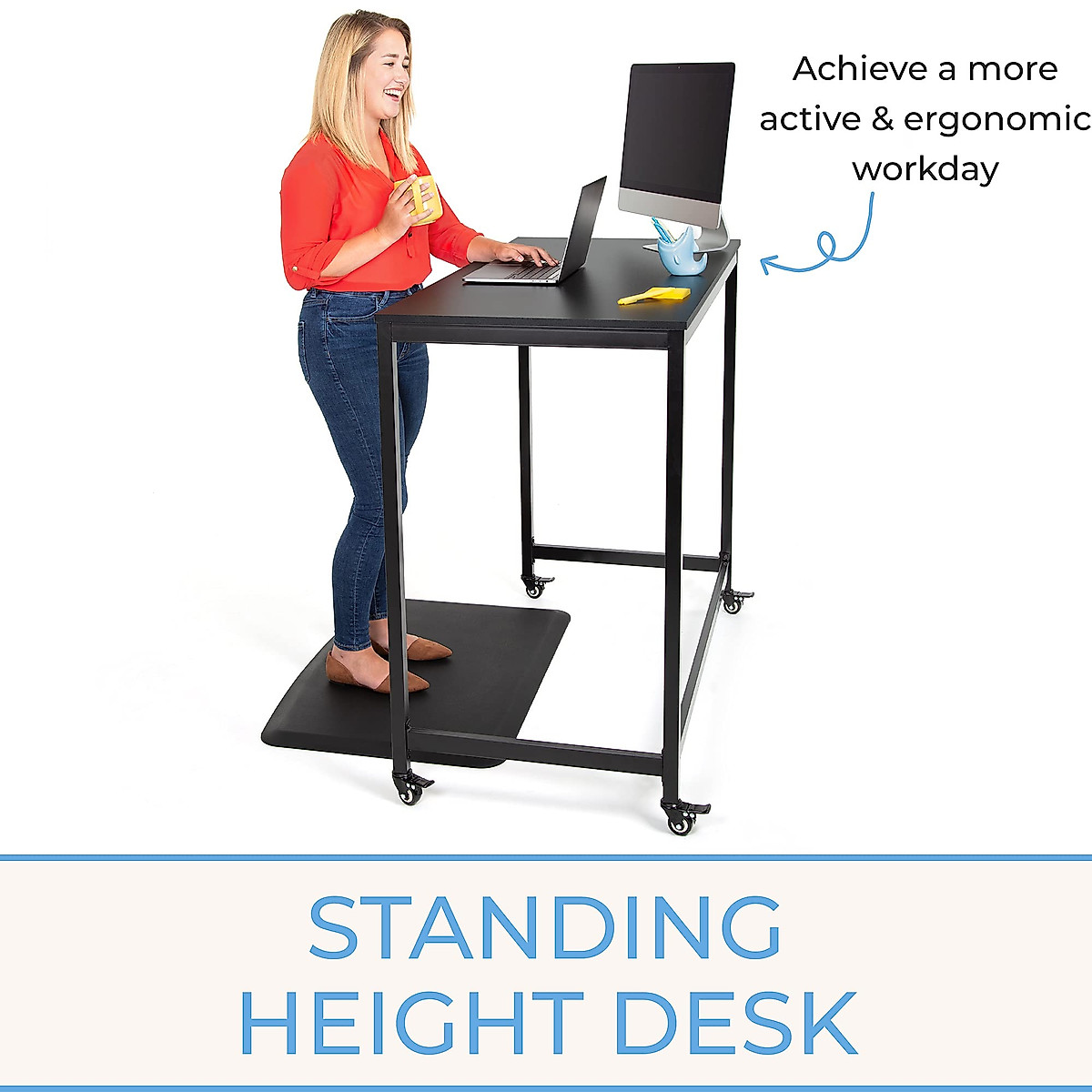 Stand Steady Joy Mobile Workstation | Standing Height Table on Wheels for Home, Office & School | Portable Standing Desk with Locking Wheels | Mobile Training Table & Collaboration Desk(Black/47x24in)