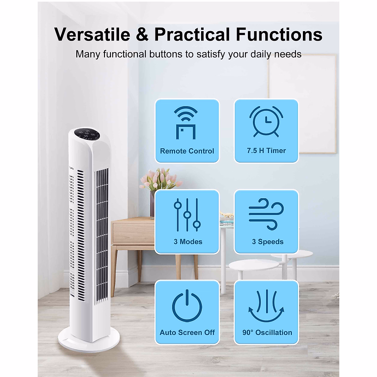 Uthfy Oscillating Bladeless Tower Fan with Remote, Quiet Cooling Portable, Electric Standing Floor Fan with 3 Wind Speeds 3 Modes for Bedroom,Indoor,Office and Home Use, 30", White