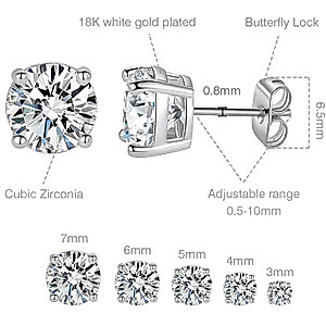 18K Gold Plated 4 Prong Graduated Round Clear Cubic Zirconia Stud Earring Set for Women (5 Pairs) (A-white gold plated)