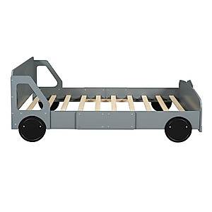 Harper & Bright Designs Full Size Car Bed for Kids, Wood Platform Bed with Wheels, Headboard and Footboard, Race Car Bed Frame with Slats Support for Boys Girls, Gray