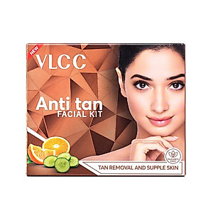 VLCC Natural Anti Tan Facial Kit - Single Use | Salon Like Facial at Home in Just 6-Steps | Includes Cleanser, Scrub, Cream, Face Pack & Moisturizing Gels | 2.12 Oz/60g
