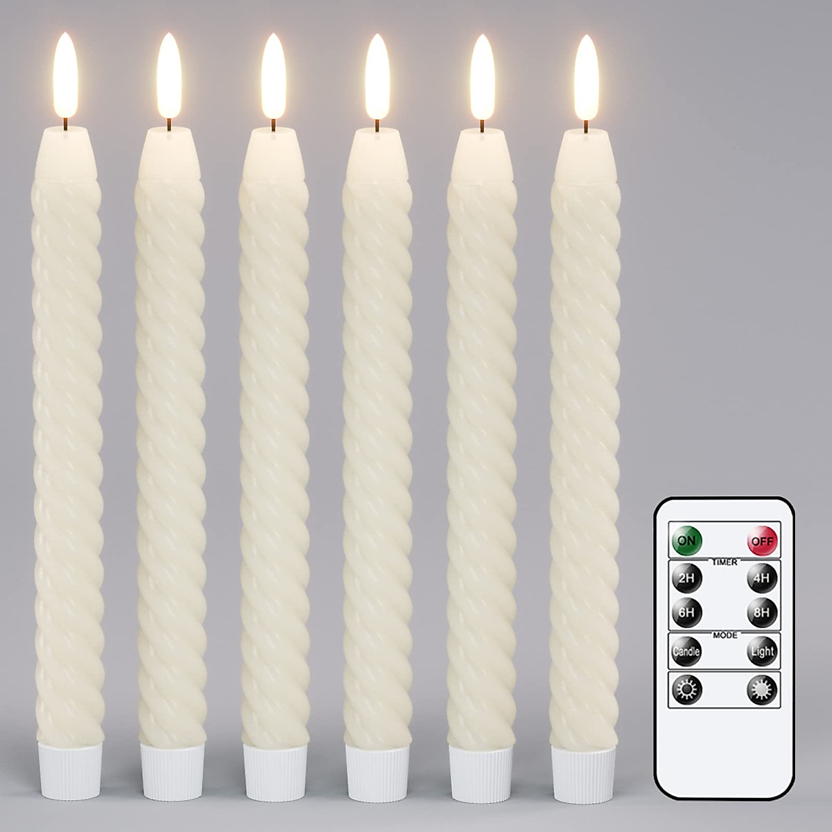 Lasumora Flameless Taper Candles Flickering with Remote Timer, LED Taper Candles Battery Operated Warm 3D Wick Spiral Window Candles 6 Pack Real Wax Wedding Home Birthday Christmas Decor 9.8" Ivory