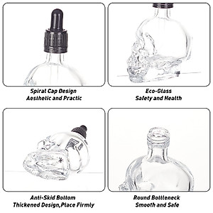 BENECREAT 2Pcs 1.69oz Skull Glass Dropper Bottles Empty Clear Dropper Bottle with 2pcs Hopper and 2pcs 1ml Pipettes for Terror Halloween Decoration, Flavor and Oil Dispenser
