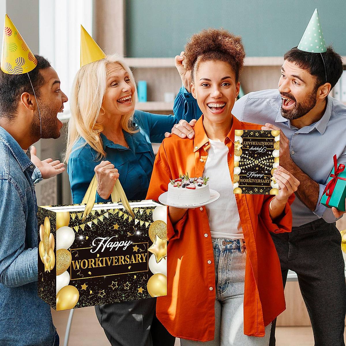 Happy Work Anniversary Gift Bag with Tissue Paper and Card Large Black Gold Happy Workiversary Wrapping Gift Bag for Employee Men Women Office Coworker Appreciation Party Thank You Wrap Bags Supplies
