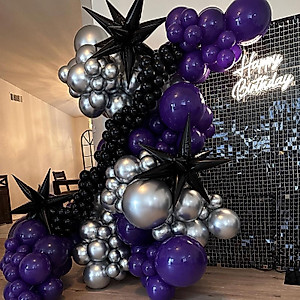 Purple Black Balloons Set, 60 PCS Black Purple Silver Birthday Balloons, Metallic Silver Purple Confetti Balloons Black and Purple Latex Balloons for Birthday Wedding Graduations Party Decorations